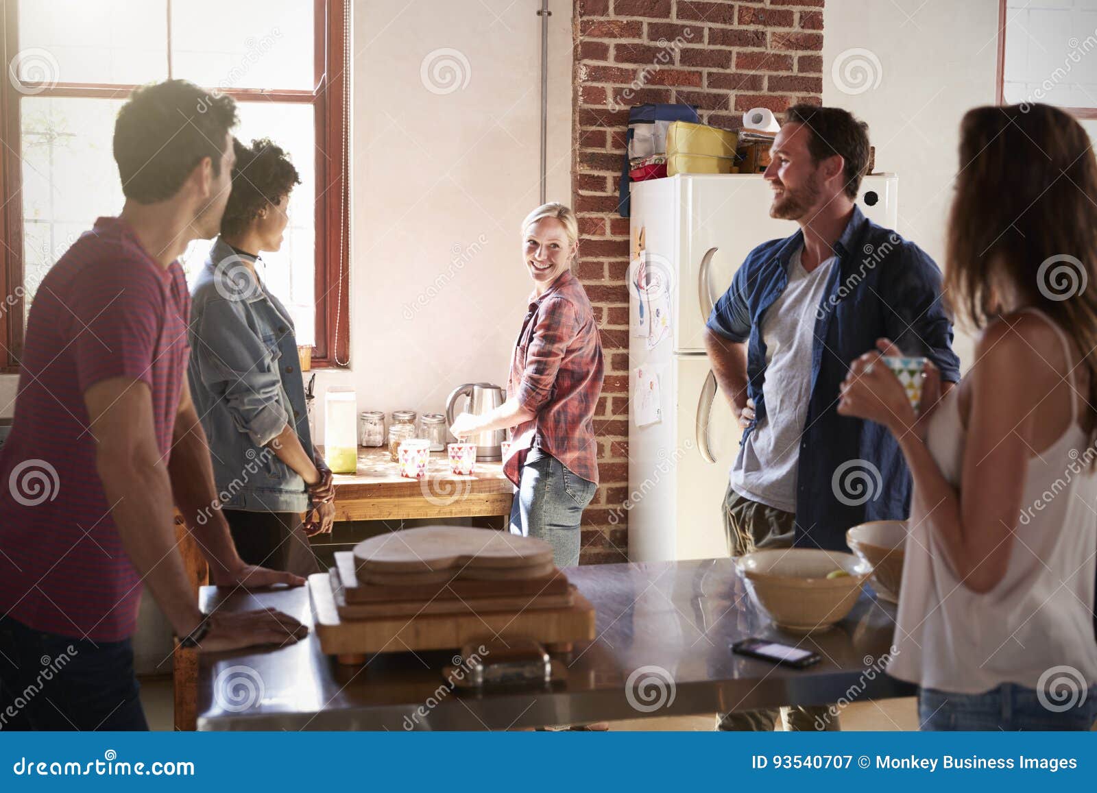 Five Friends Talk Standing in Kitchen, Close Up Stock Image - Image of ...