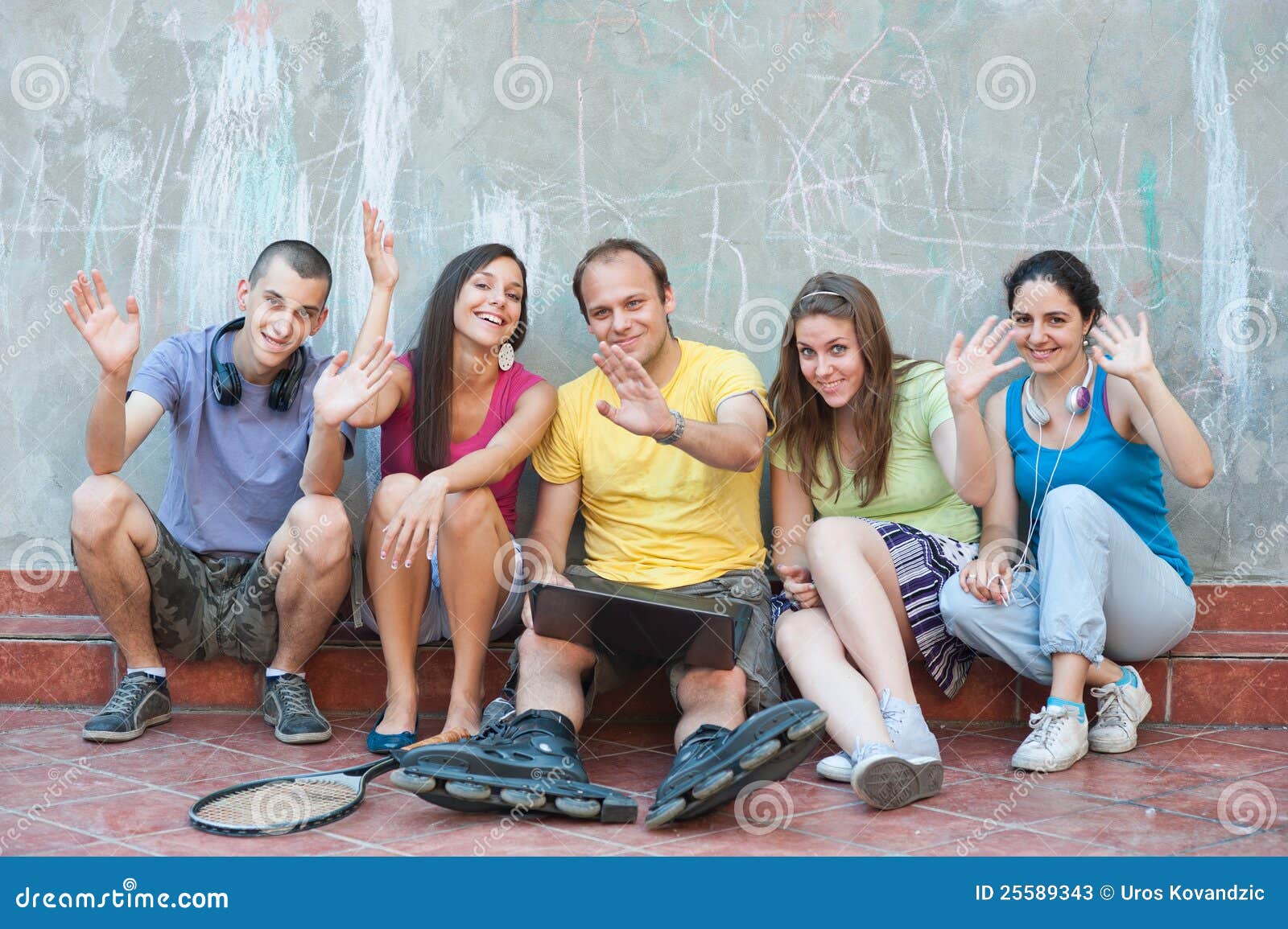 Five friends waving stock image. Image of concept, together - 25589343