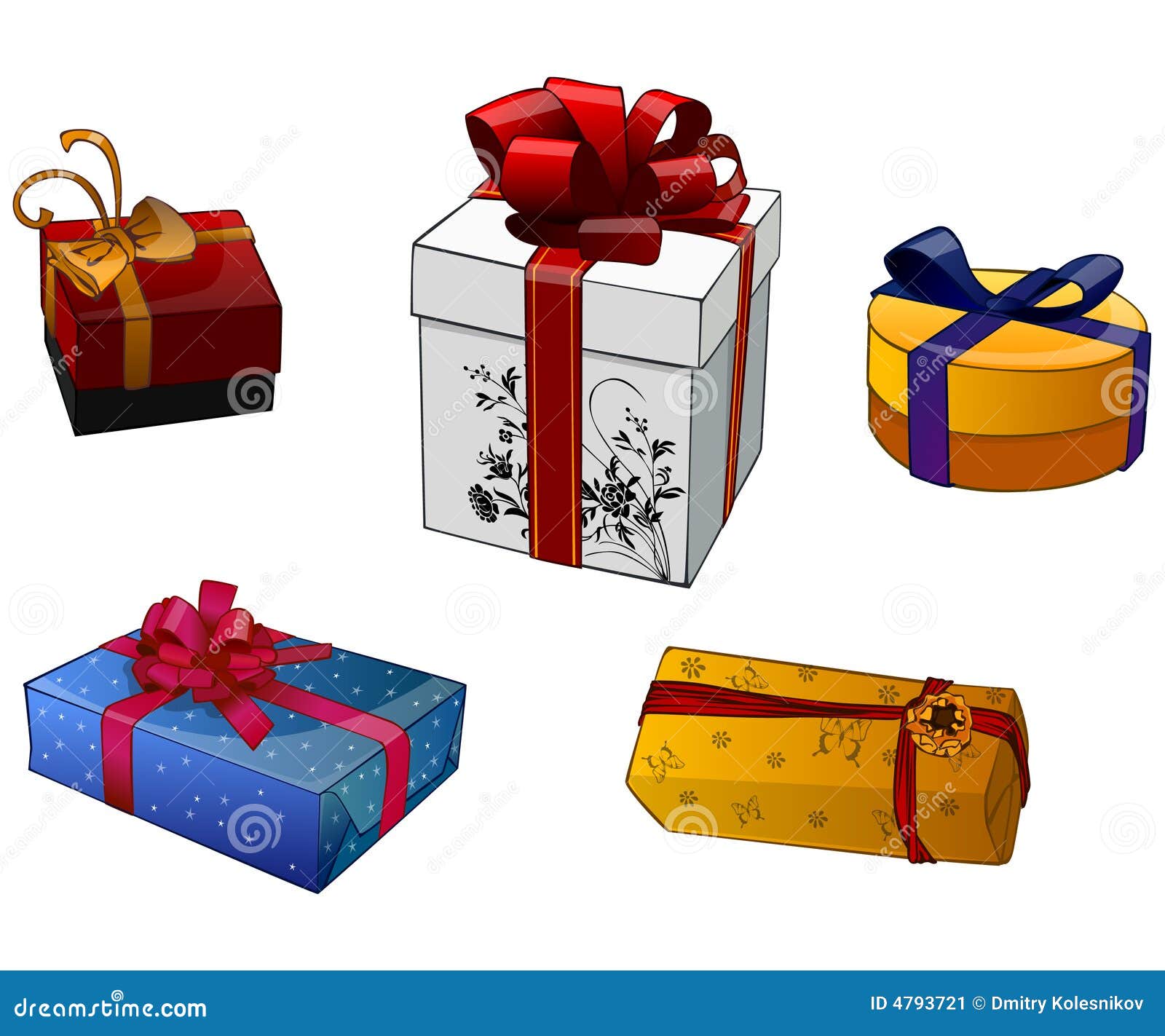 Five gifts with ribbons stock vector. Illustration of square - 4793721