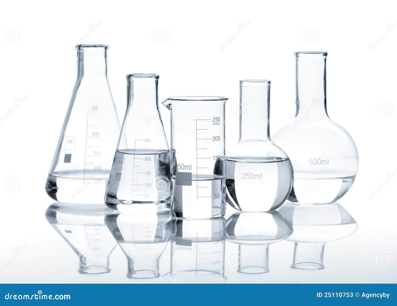 Five Glass Flasks with a Clear Liquid Stock Image - Image of chemistry ...