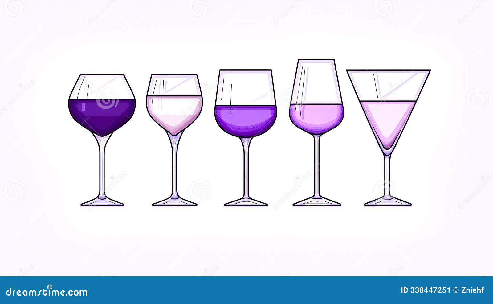 Five Glasses are Lined Up on a White Background, Each with a Different ...