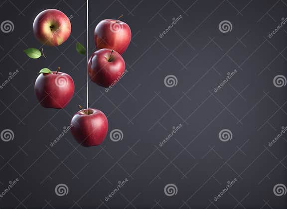 Five Glossy Red Apples Hanging on Strings in a Minimalistic Background ...