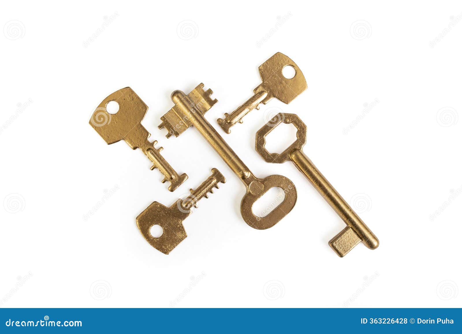 Five Golden Keys Arranged Isolated on White Background Stock Photo ...