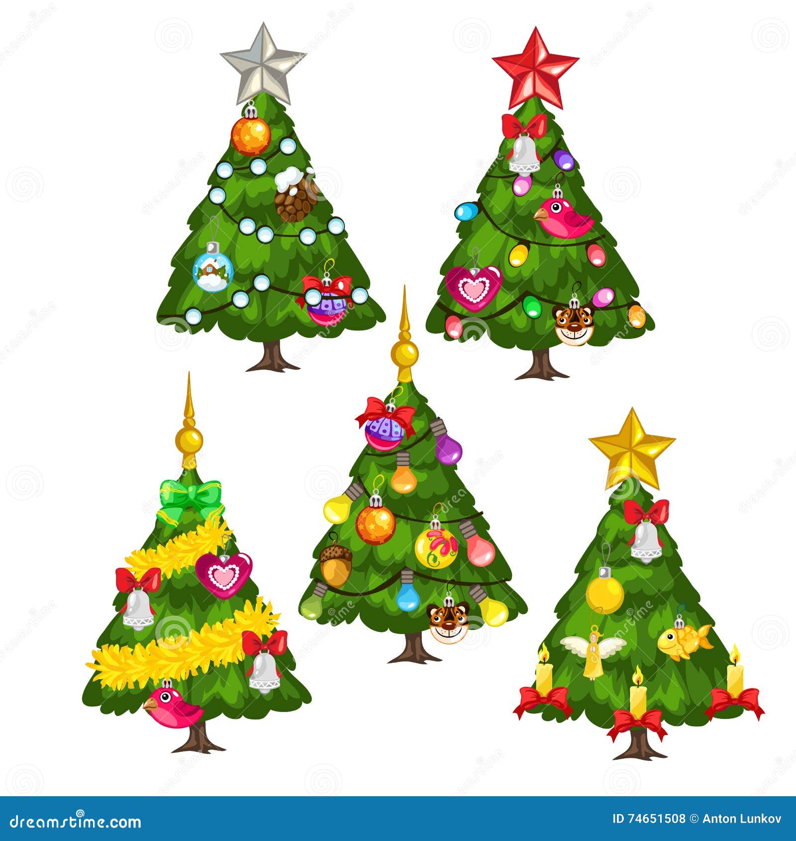 Five Green Christmas Trees on White Background Stock Vector ...