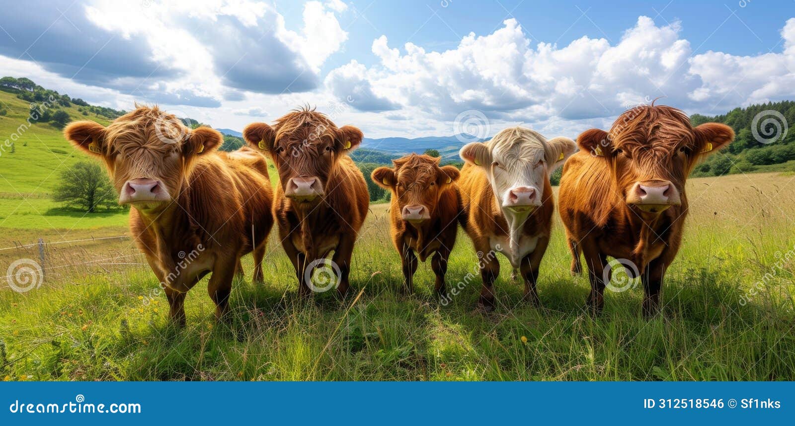 Five Highland Cows in a Green Field with a Beautiful Sky and Mountains ...