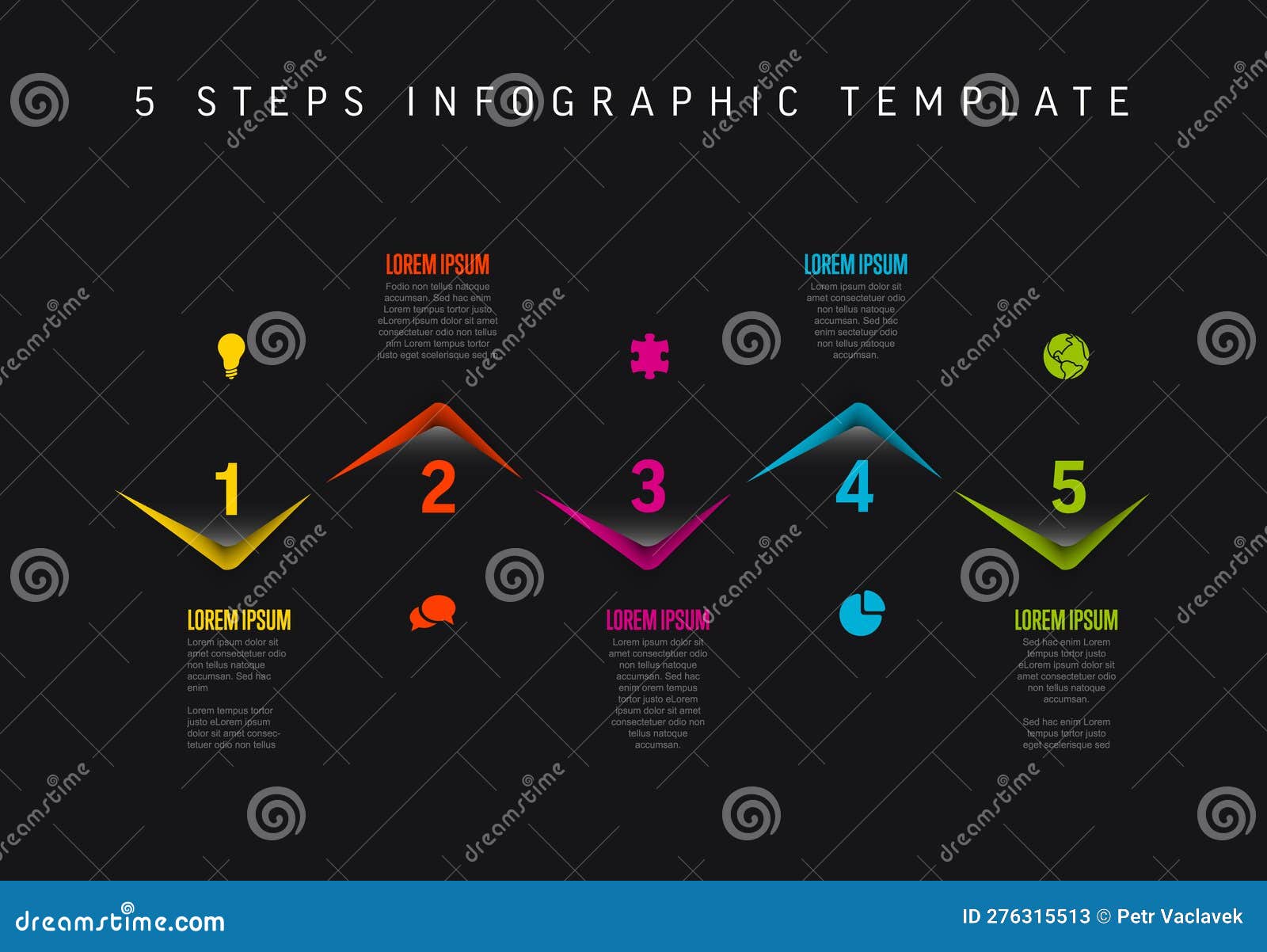 Five Horizontal Corner Steps Elements Template with Icons on Black ...