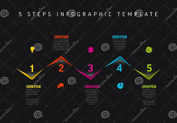 Five Horizontal Corner Steps Elements Template with Icons on Black ...