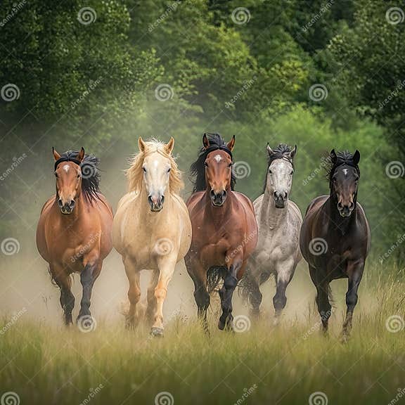 Five Horses Running in a Field Stock Illustration - Illustration of ...