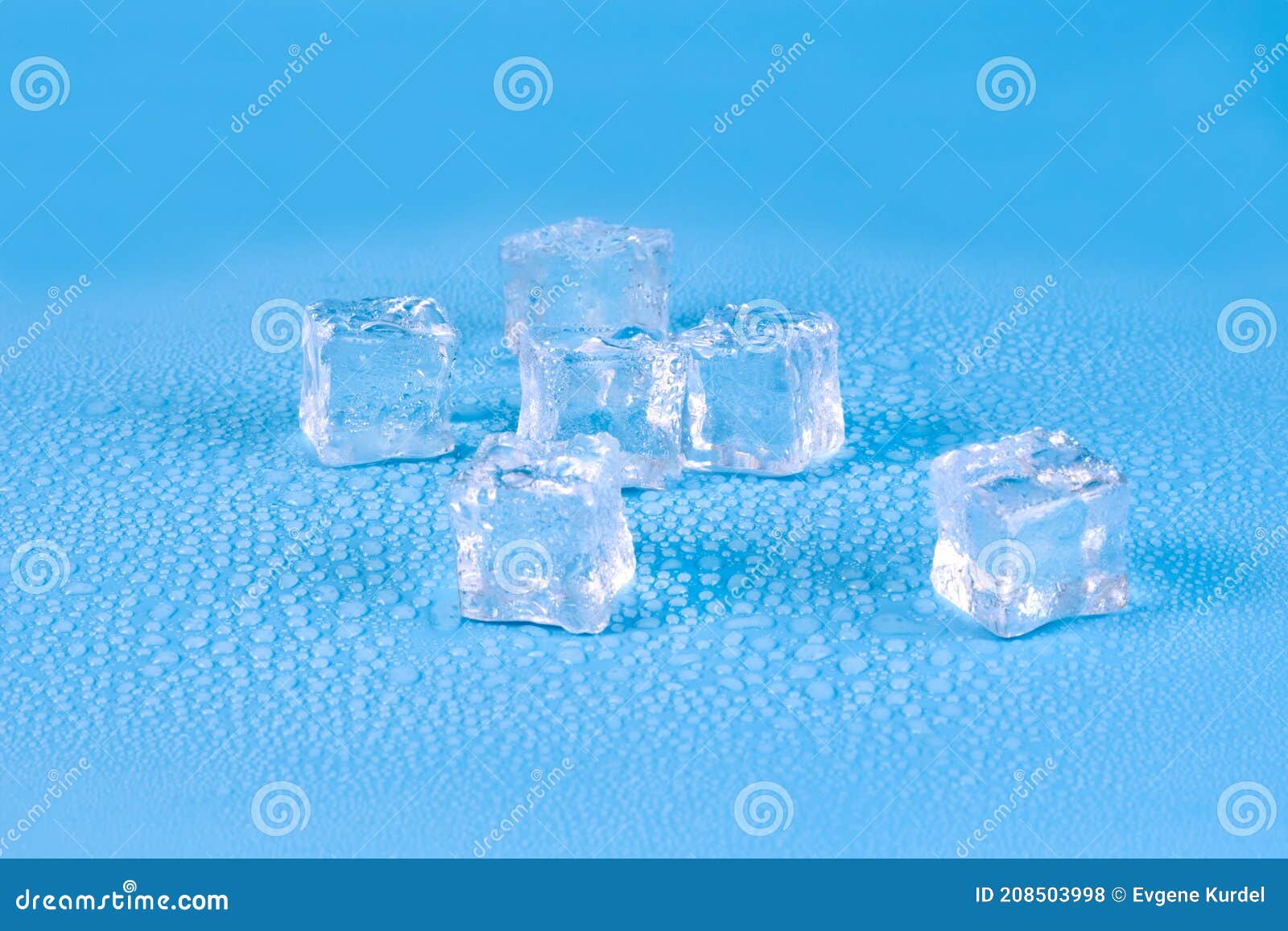 Five Ice Cubes for Drinks with Water Drops on a Blue Background Stock ...