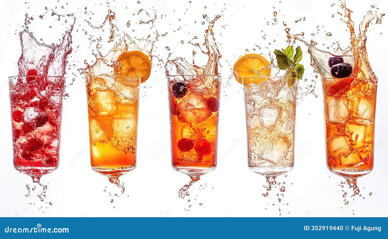 Five Iced Tea Variations with Fruit and Ice Splash Stock Illustration ...