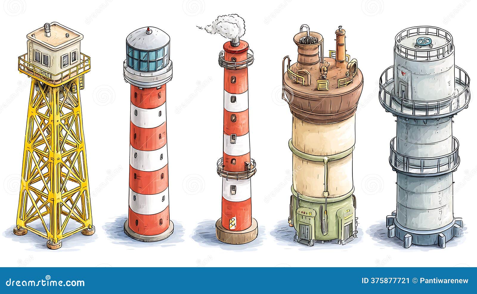 Various Lighthouses Icons Linoprint Style Trendy Illustrations White ...