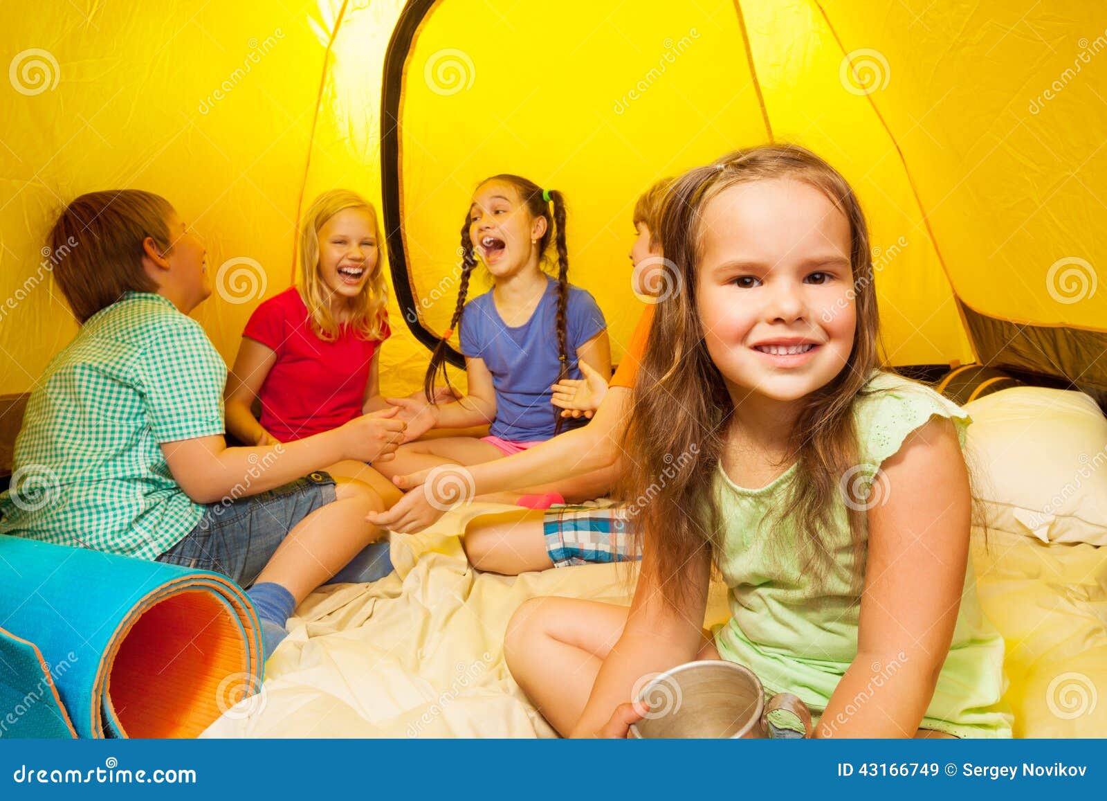 Five Kids Sit Inside a Yellow Tent Stock Image - Image of colors ...