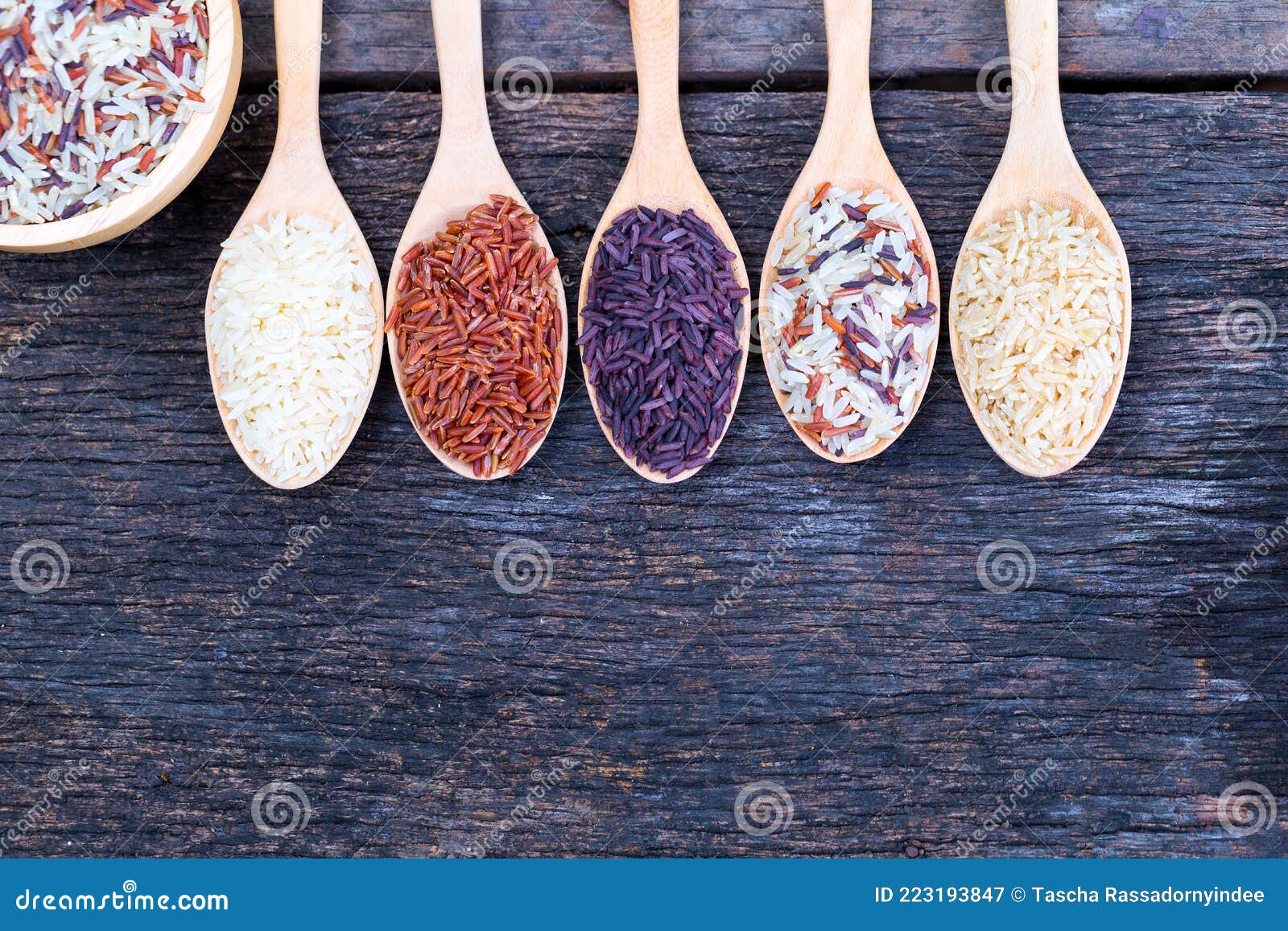 Five Kinds of Organic Rice on Wooden Floor Stock Image - Image of kinds ...