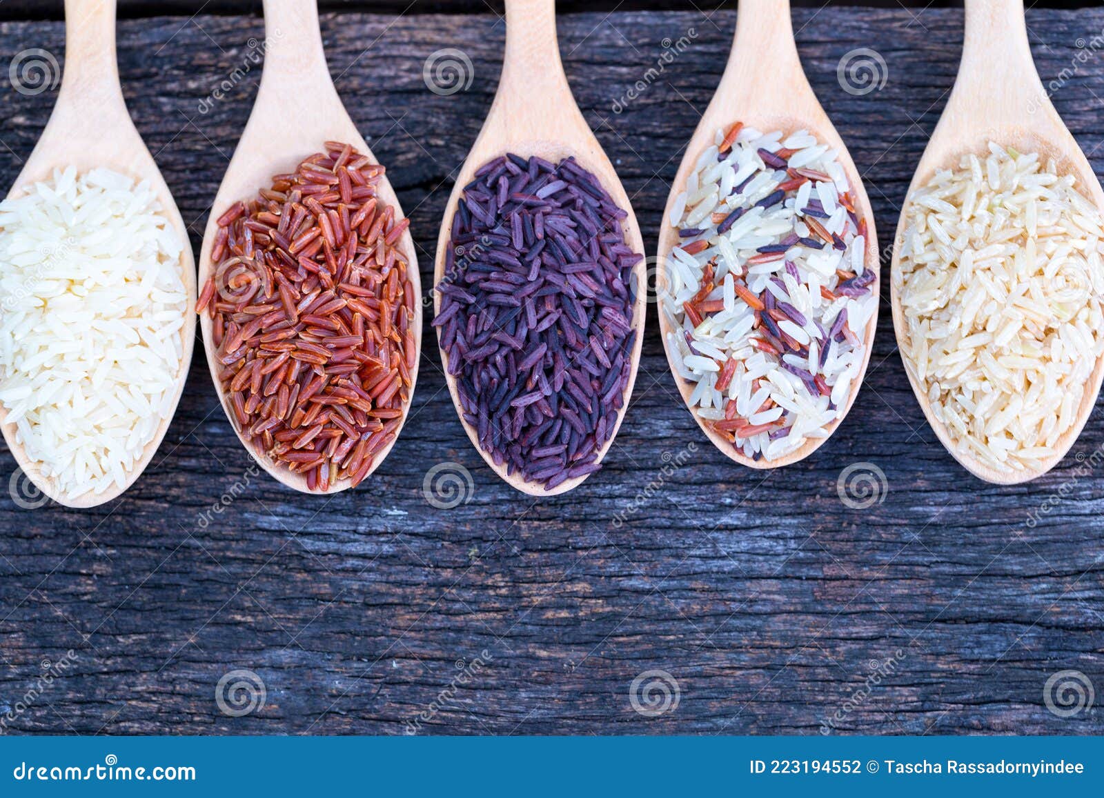 Five Kinds of Organic Rice on Wooden Floor Stock Photo - Image of ...
