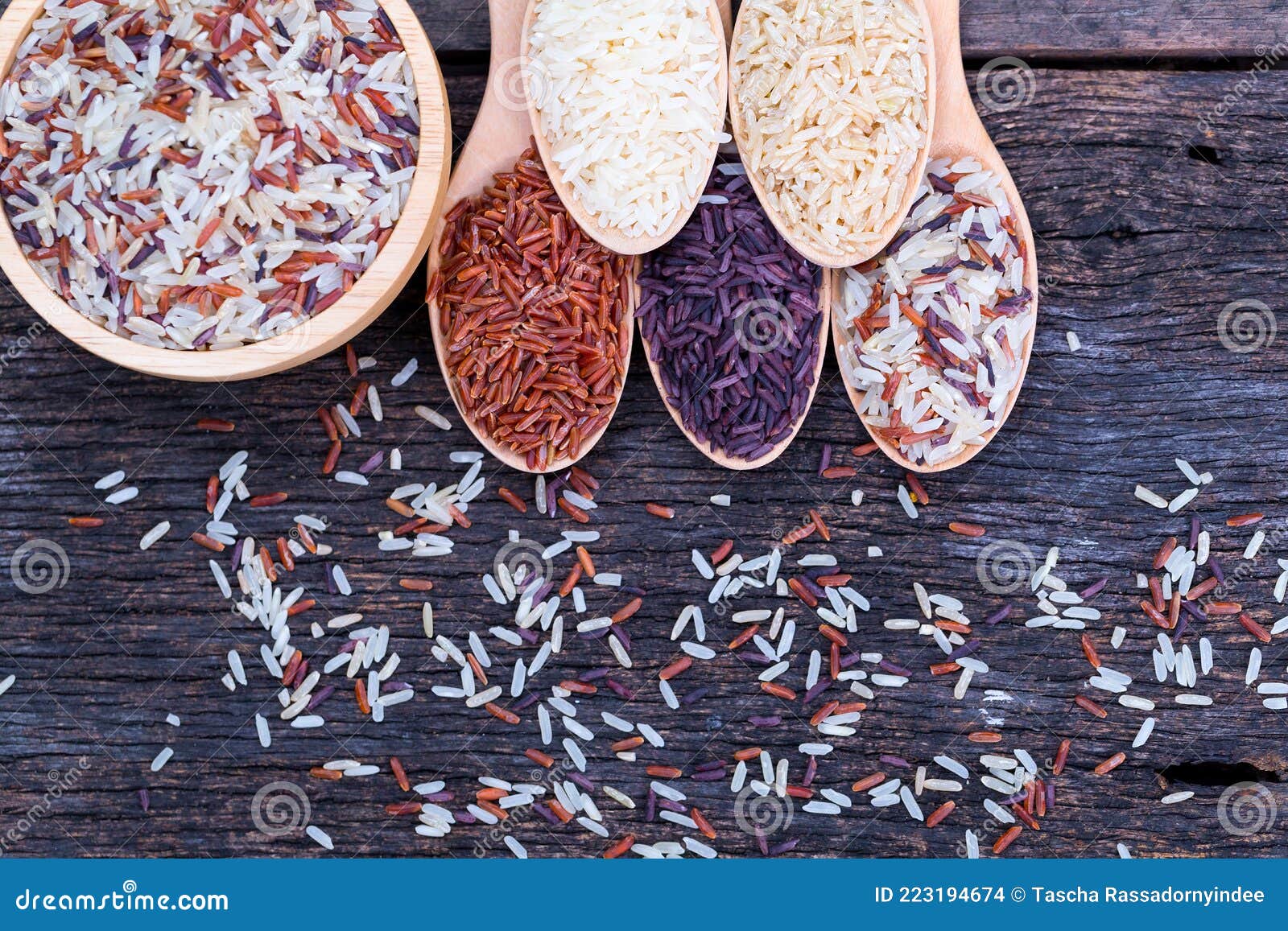 Five Kinds of Organic Rice on Wooden Floor Stock Photo - Image of ...