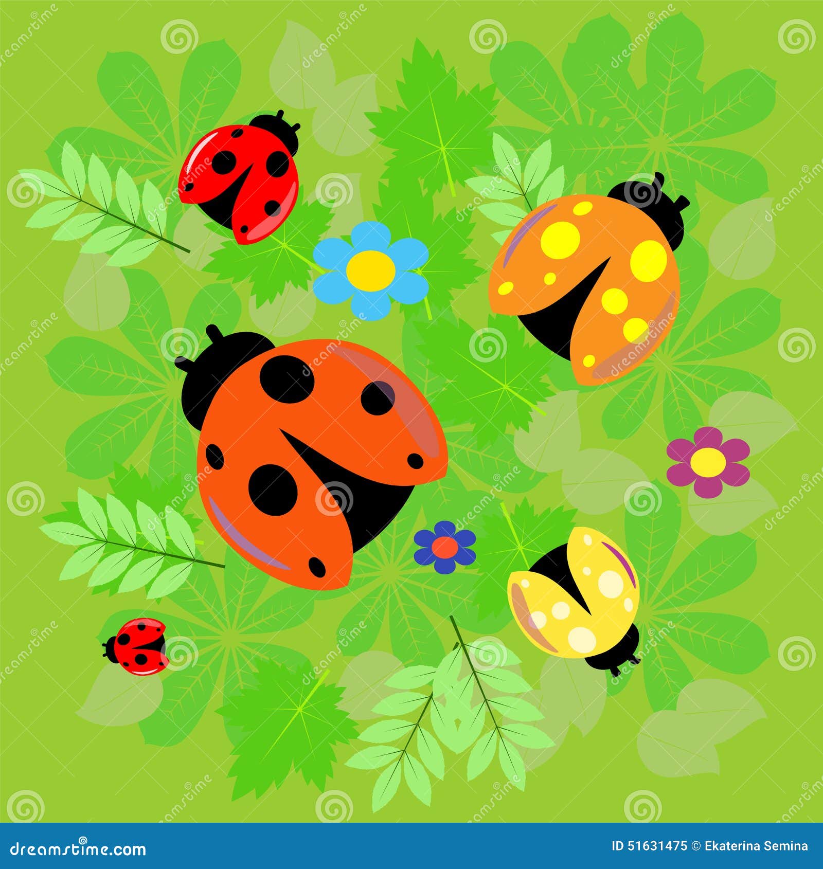 Five Ladybugs on Green Leaves Stock Vector - Illustration of drawing ...