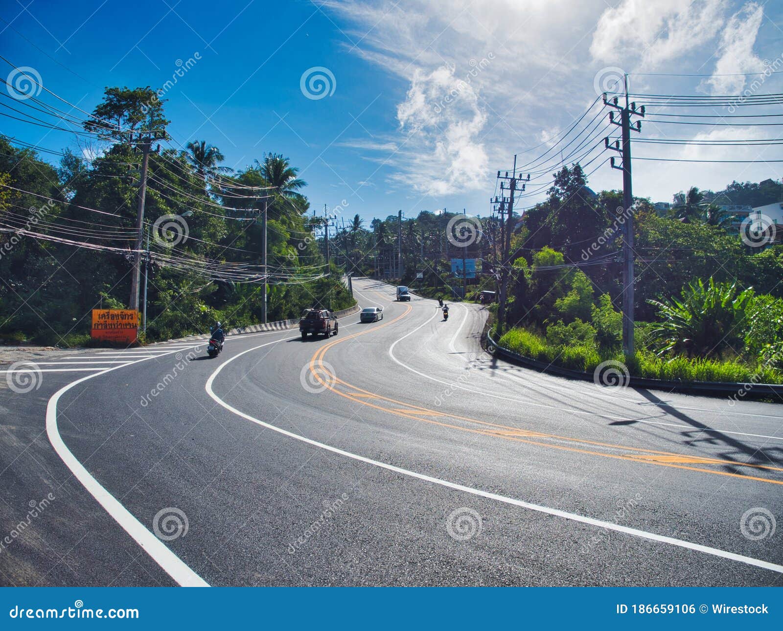 Five-lane Highway with Different Vehicles Under the Blue Sky and White ...