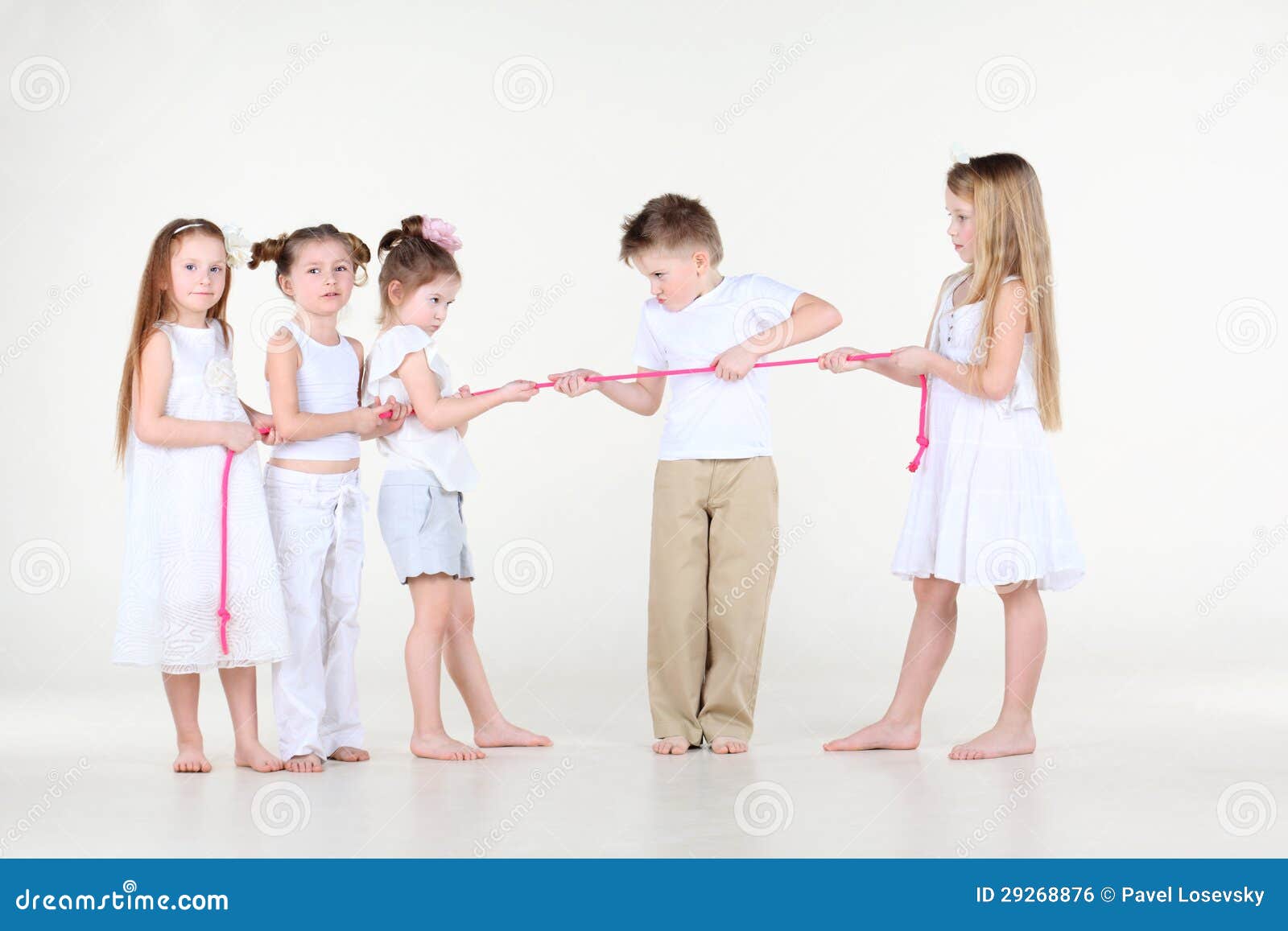 Five Little Children Draw Over Pink Rope Stock Photo - Image of ...