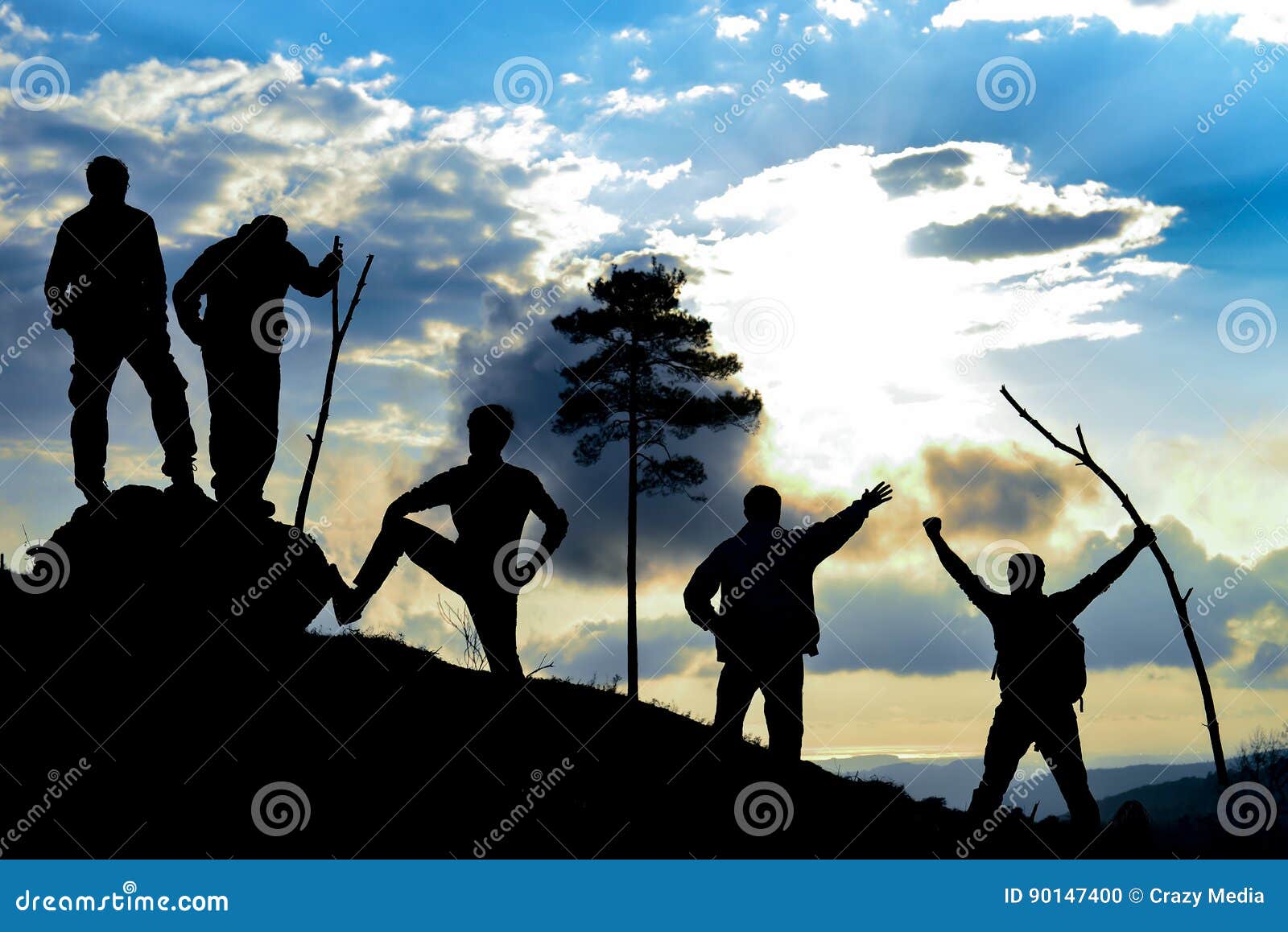 Five men on a mountain stock photo. Image of waving, jubilant - 90147400