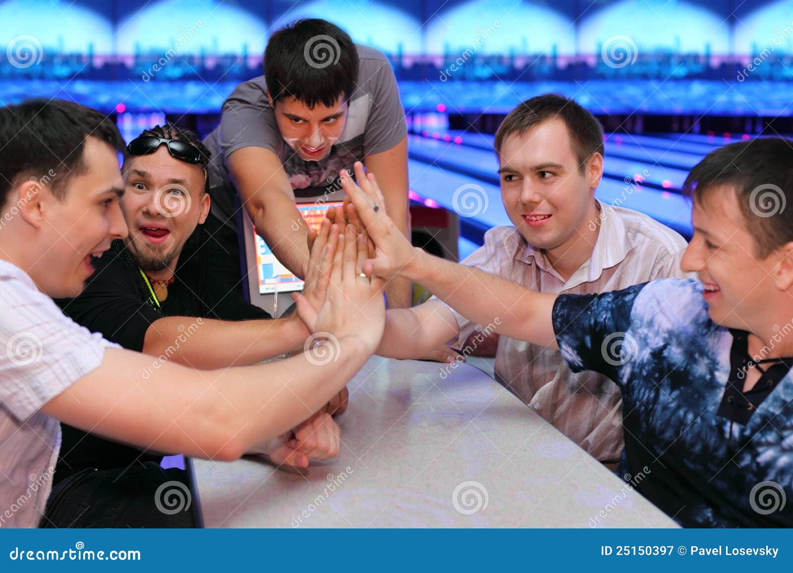 Five Men Sit at Table and Touch Hands in Bowling Stock Image - Image of ...
