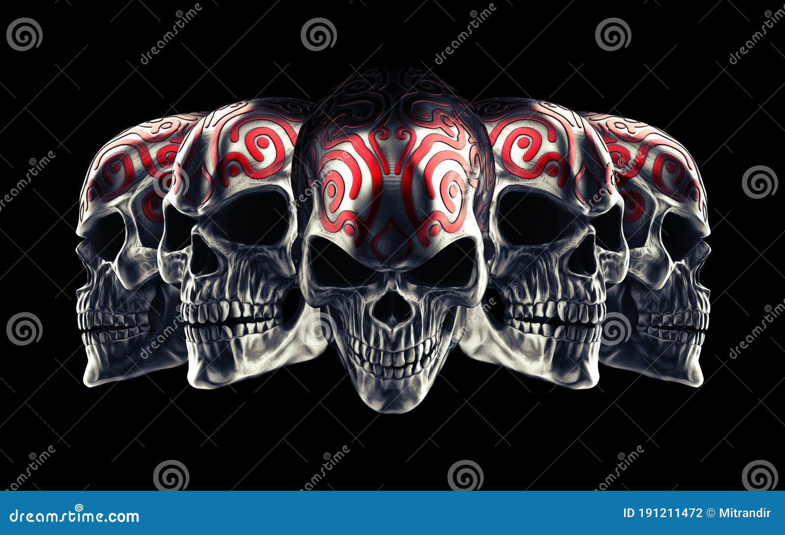 Five Metal Skulls with Tribal Red Tattoos Stock Illustration ...