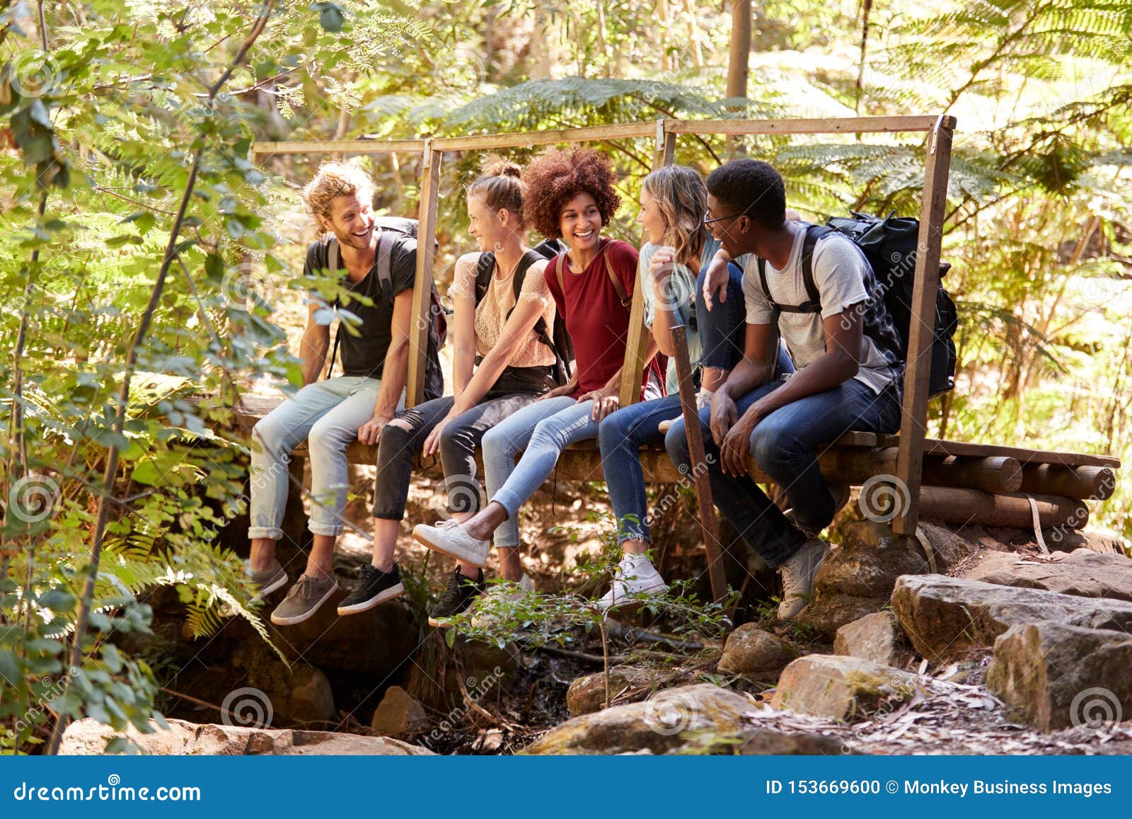 Five Millennial Friends Sitting on a Bridge in a Forest Talking during ...