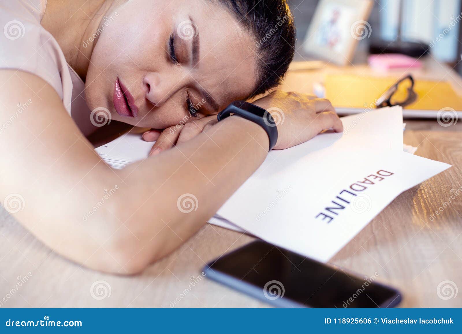 Tranquil Female Employee Napping at Work Stock Photo - Image of ...