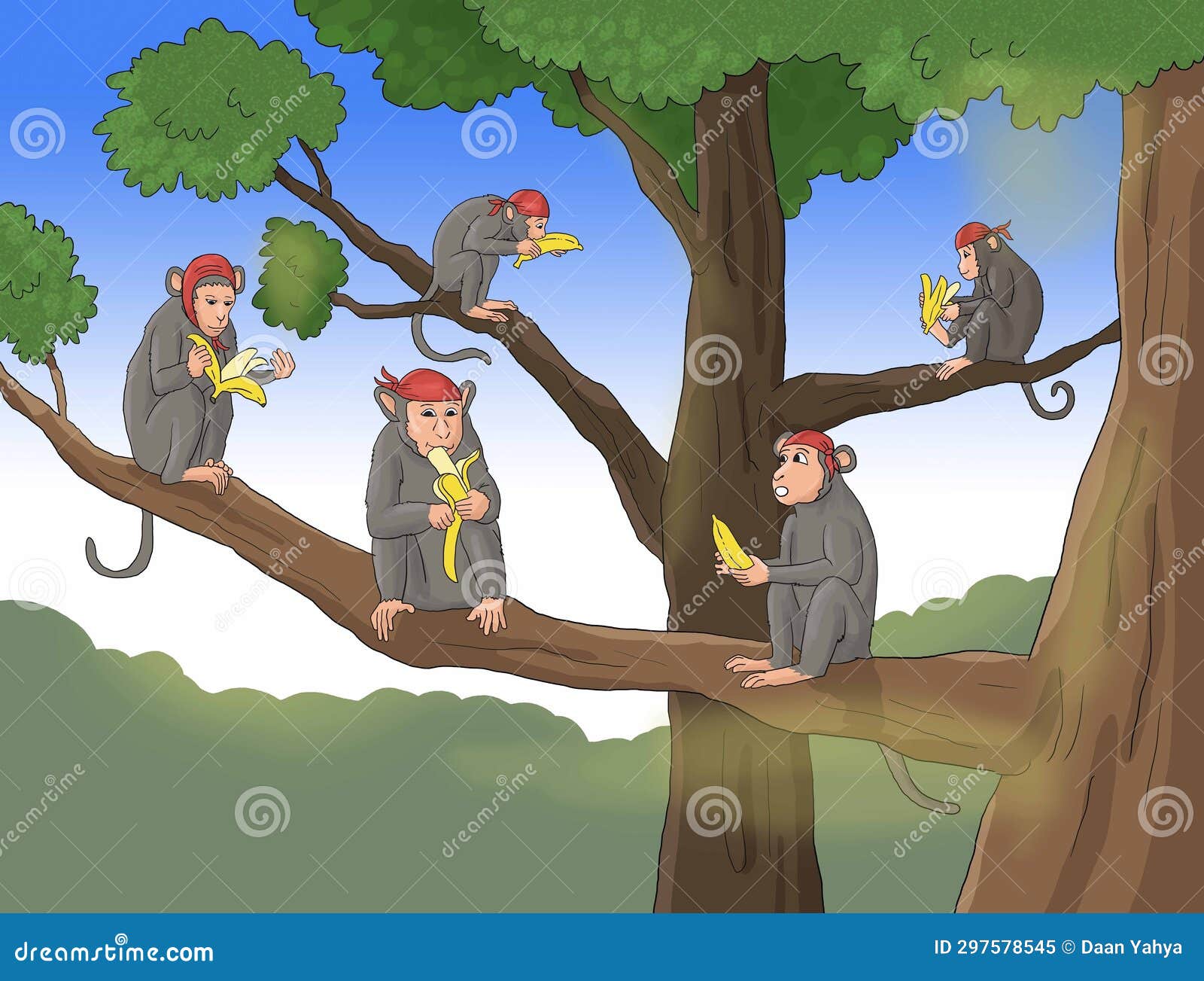 Five Monkey Eat Banana at the Tree Illustration Stock Illustration ...