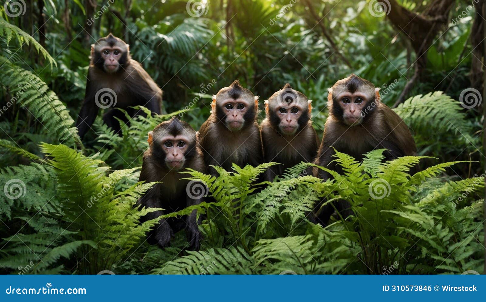 Five Monkey Sitting in a Row Surrounded by Ferns and Greenery Stock ...