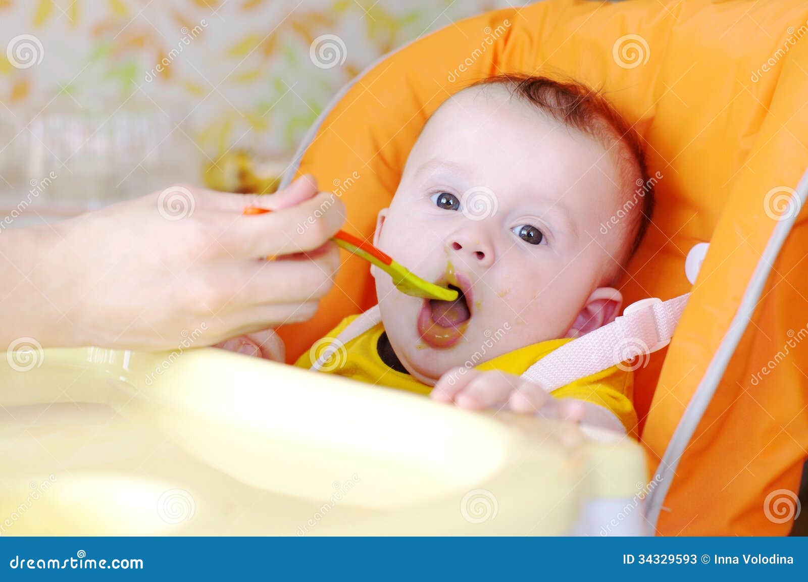 Five-months Baby is Fed by Puree from a Spoon Stock Image - Image of ...
