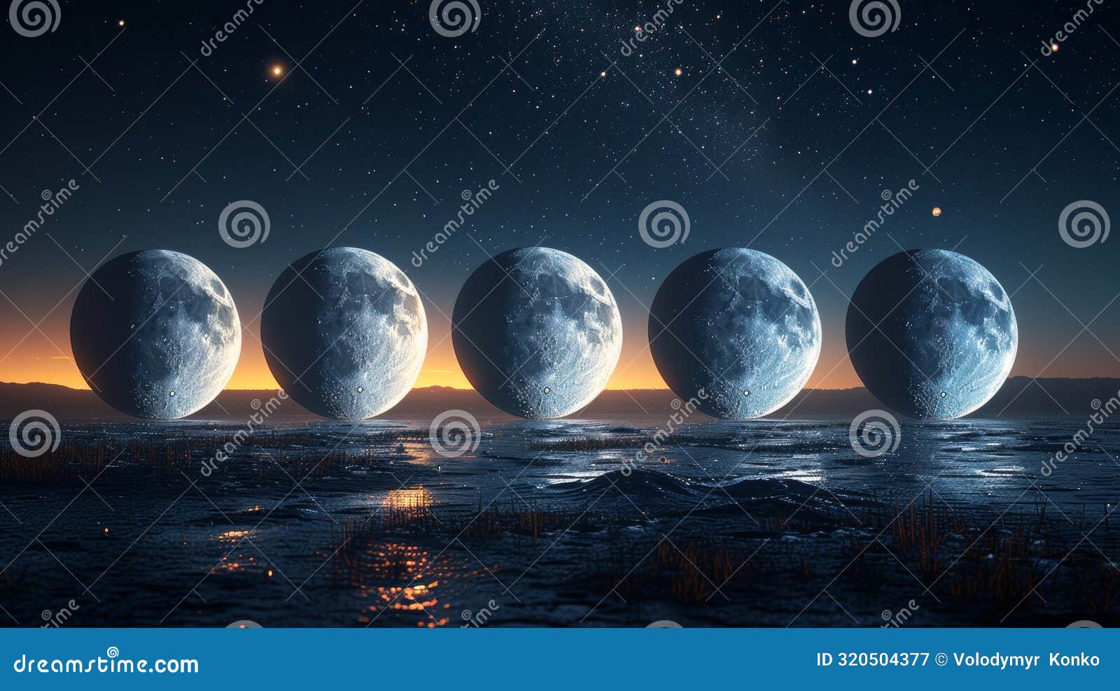 Five Moons Reflecting on Water at Night with Starry Sky Stock Image ...
