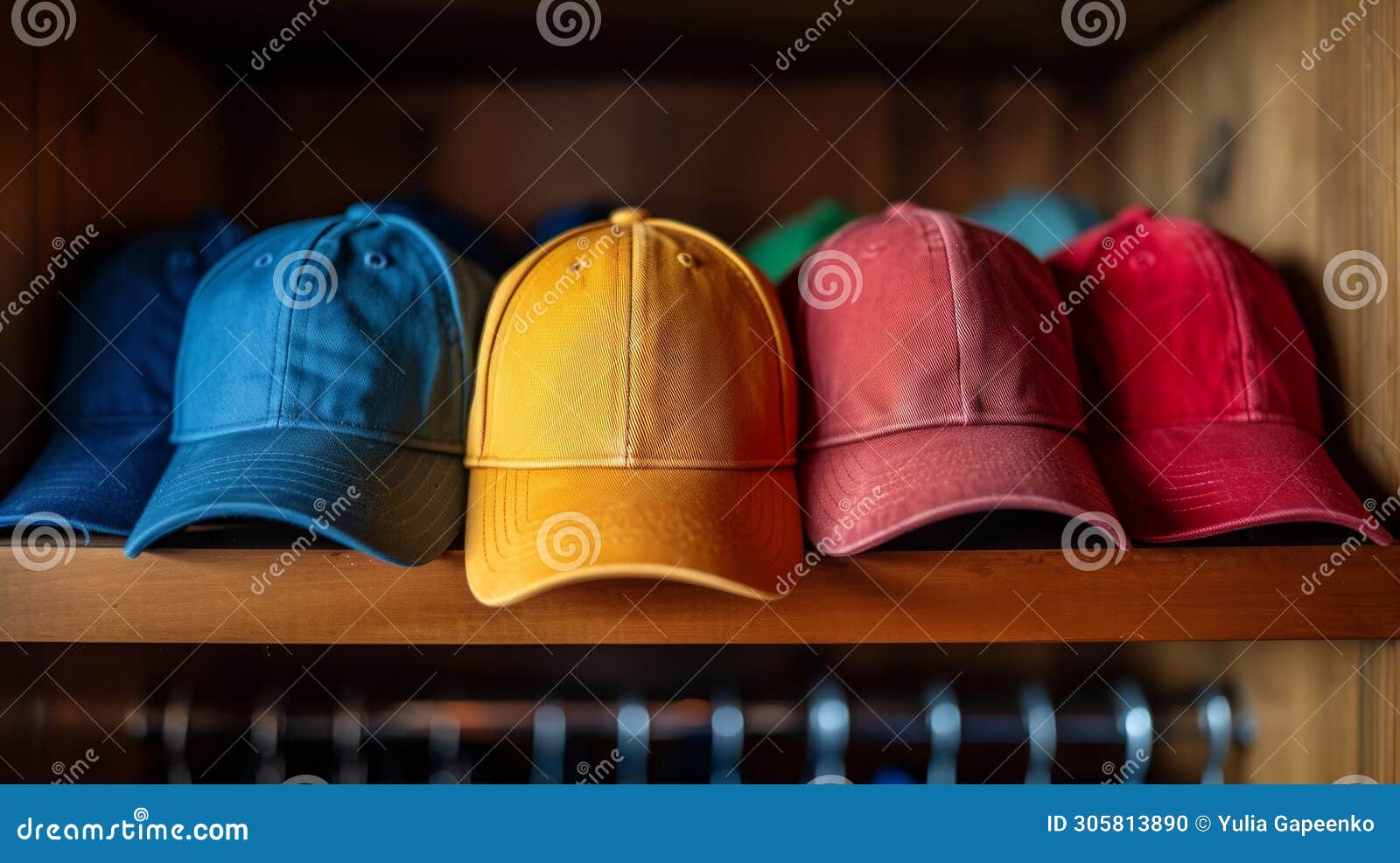 Five Multi-colored Baseball Caps Lie on a Shelf in a Closet in a Row ...