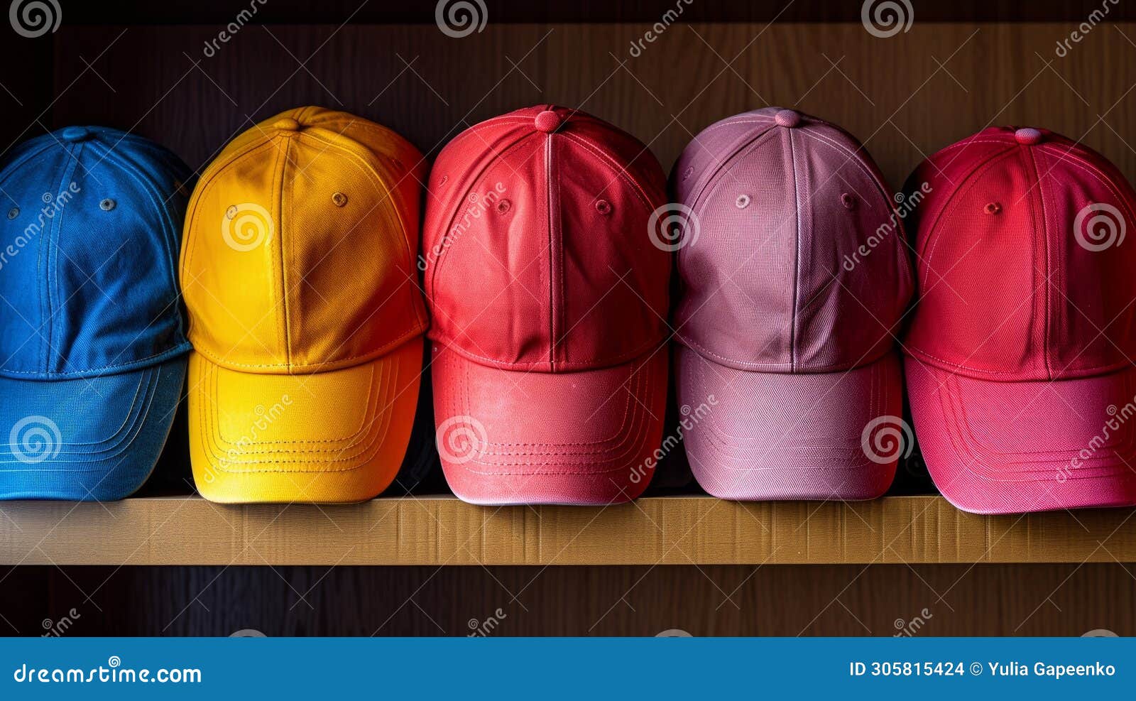 Five Multi-colored Baseball Caps Lie on a Shelf in a Closet in a Row ...