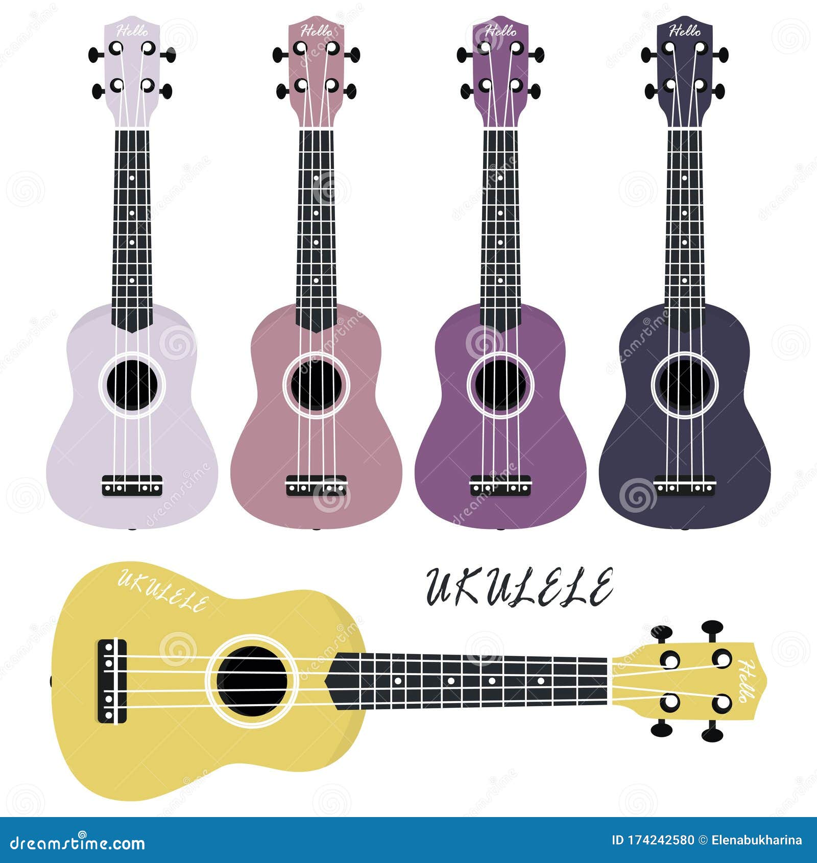 Five Multi-colored Ukulele on a White Background. Musical Instruments ...