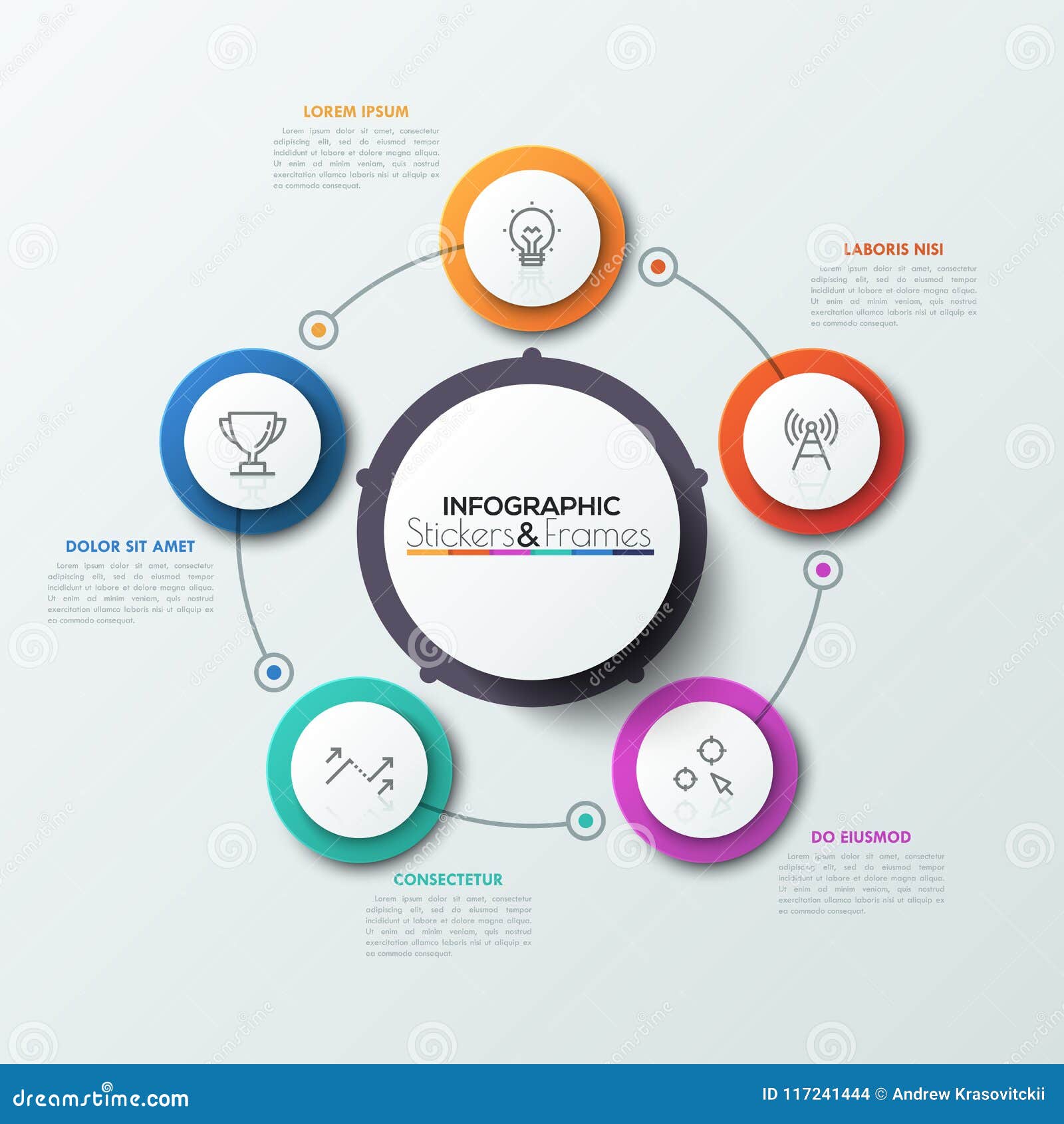 Five Multicolored Circles with Thin Line Icons Inside Placed Around ...