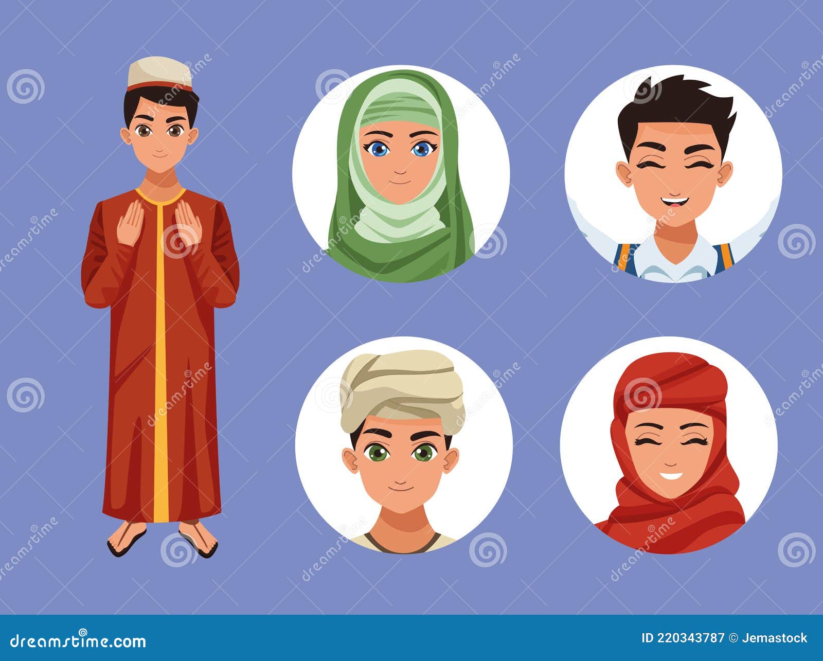 Five muslim characters stock vector. Illustration of clothes - 220343787