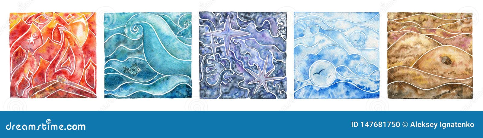 Ether. Air. Earth. Fire. Water. Pentagram With Five Elements. Vector ...