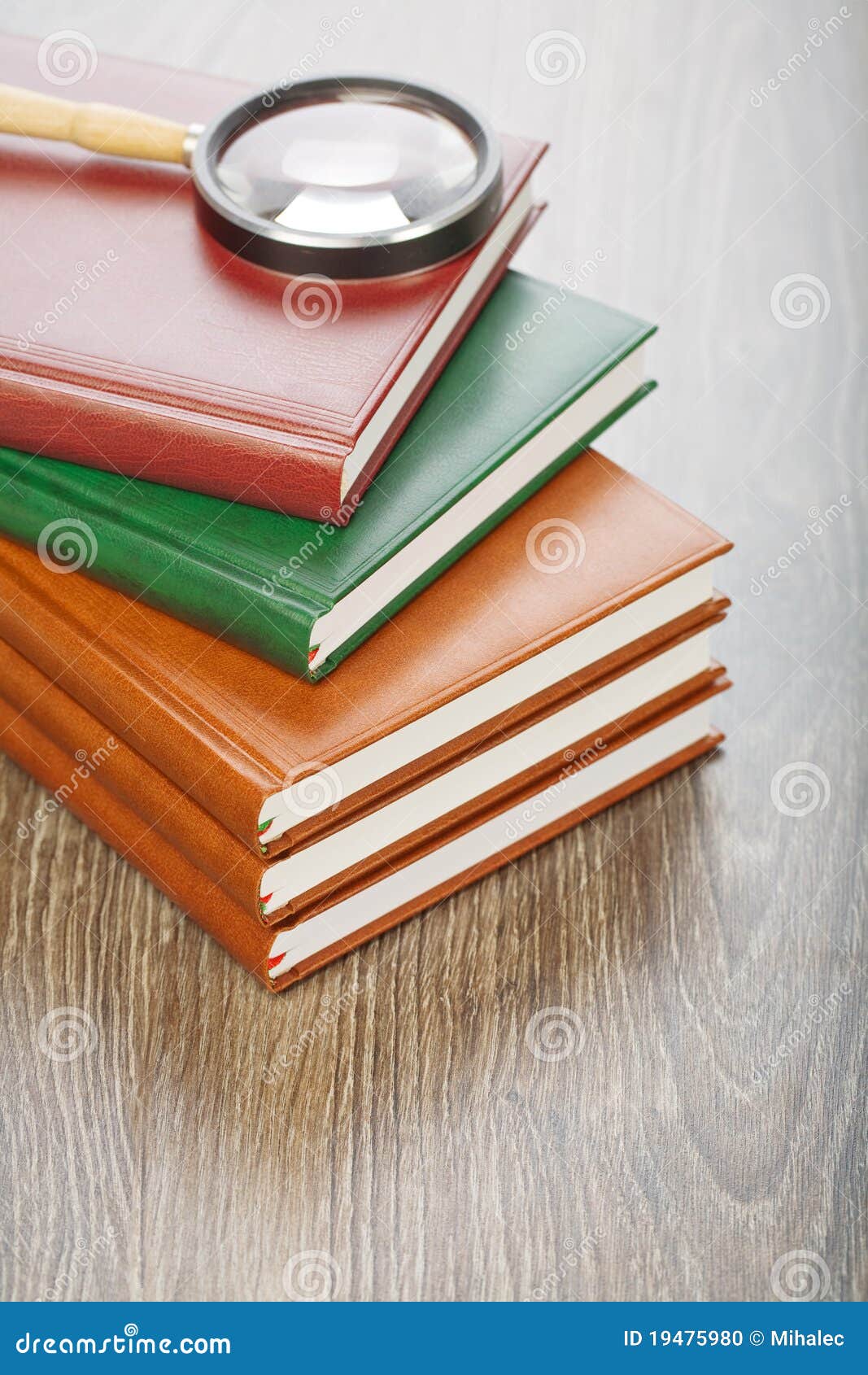 Five Notebooks and Magnifier Stock Photo - Image of notebook ...