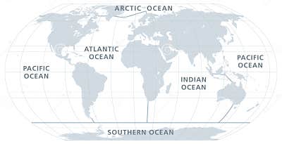 The Five Oceans of the World, Model of Oceanic Divisions, Gray Map ...