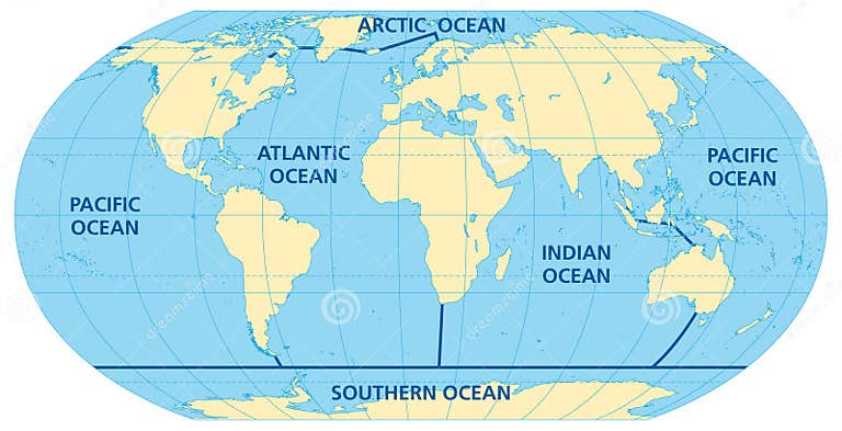 World Map of the Five Oceans, Model of Oceanic Divisions with ...