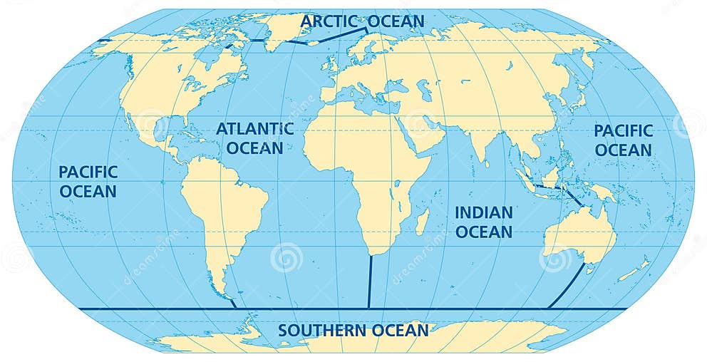 World Map of the Five Oceans, Model of Oceanic Divisions with ...