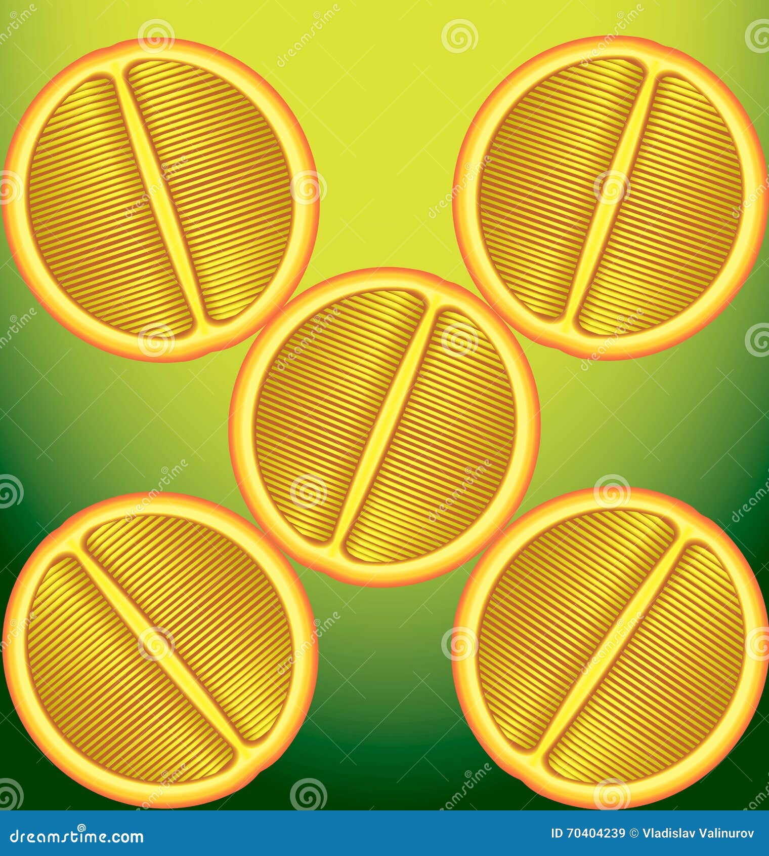 Five Oranges a Longitudinal Section on a Green Background Stock ...