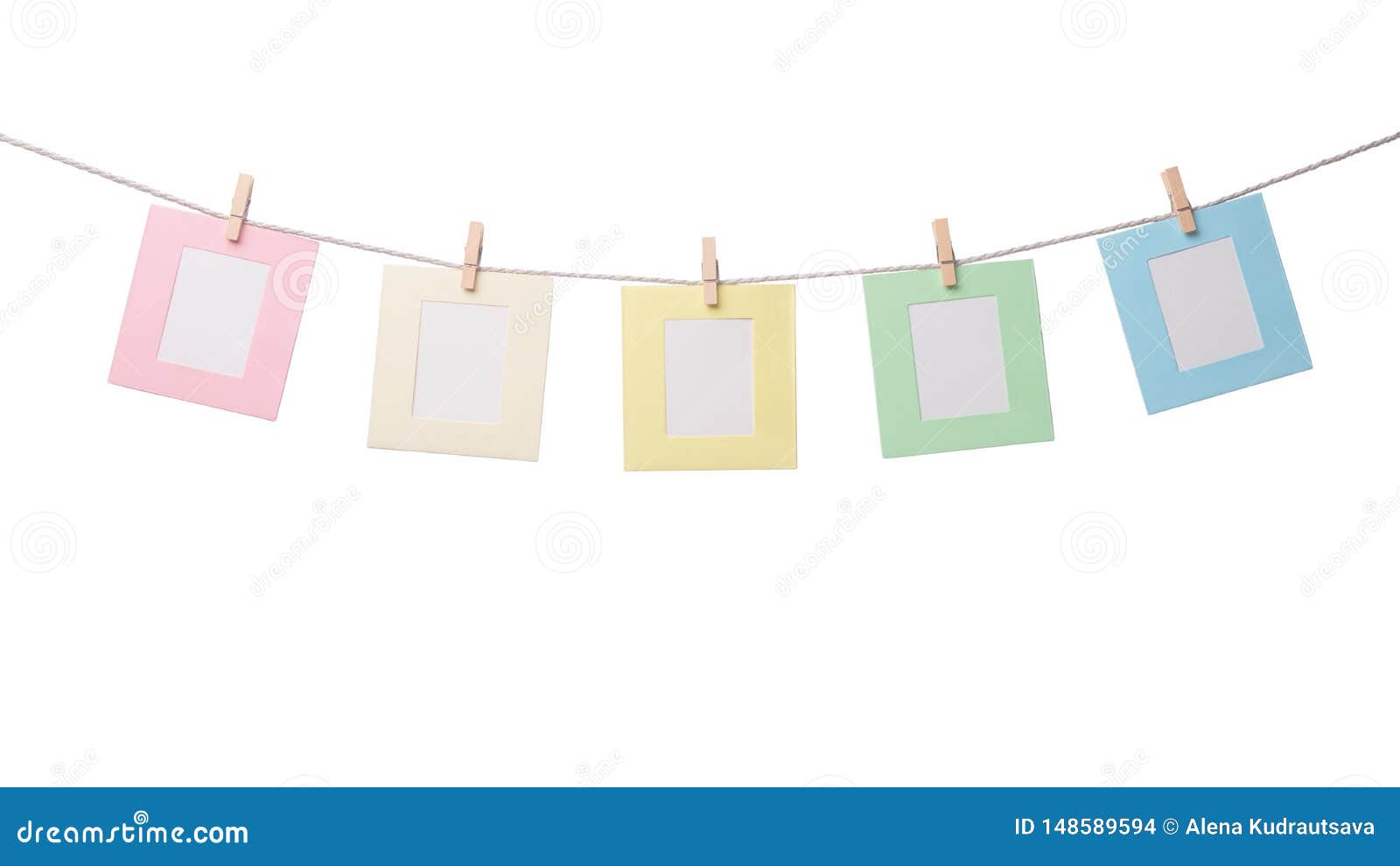 Five Paper Photo Frames Hanging on the Rope Isolated on White ...