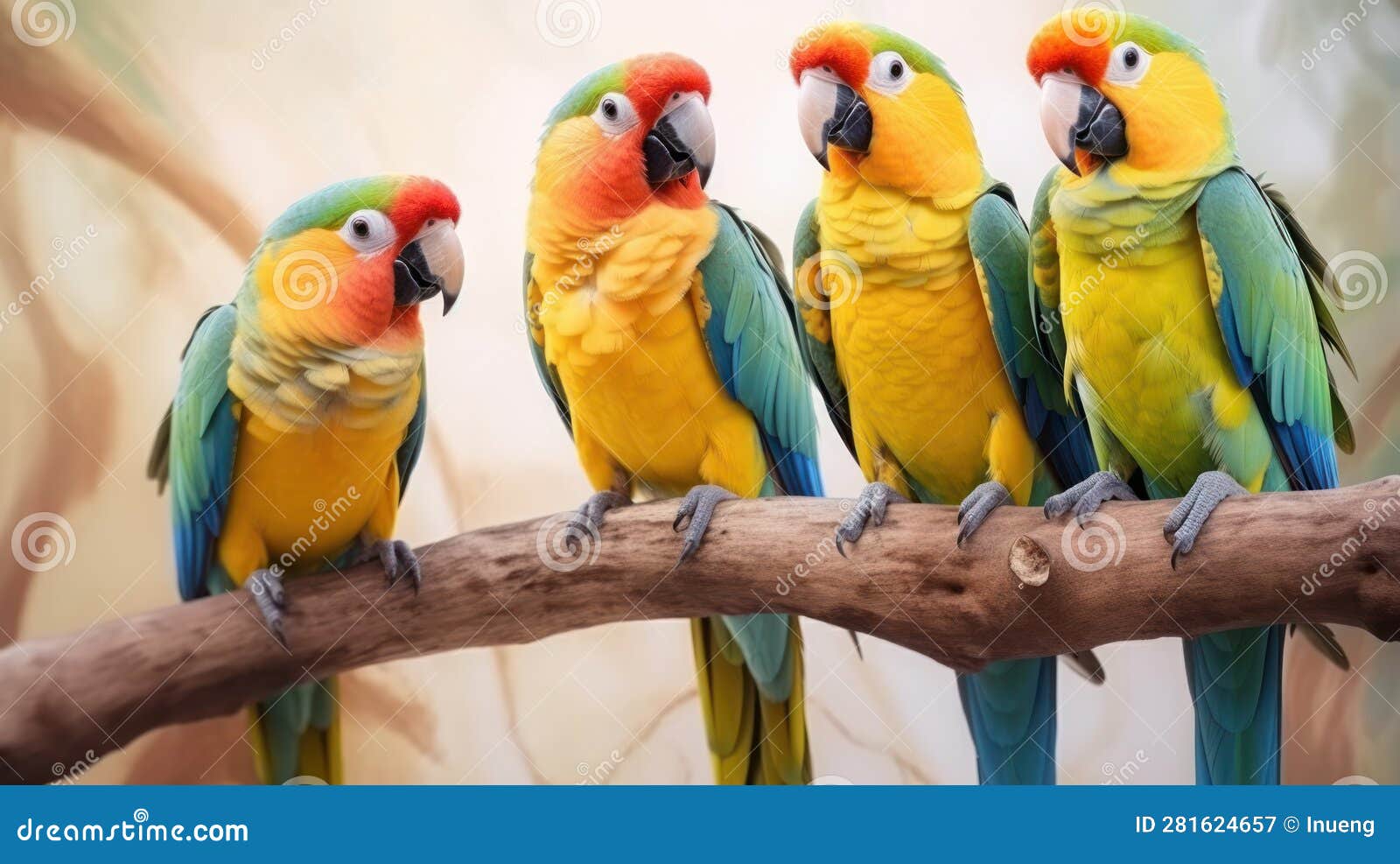 Five Parrots Standing on the Tree Trunk. Generative AI Stock ...
