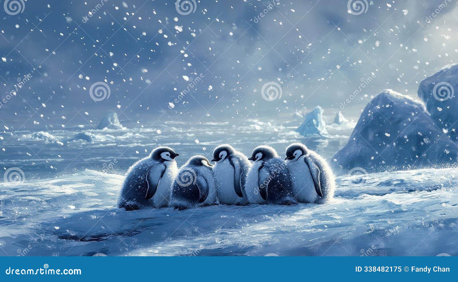 Five Penguins Huddle Together in the Snow Stock Illustration ...
