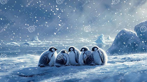 Five Penguins Huddle Together in the Snow Stock Illustration ...