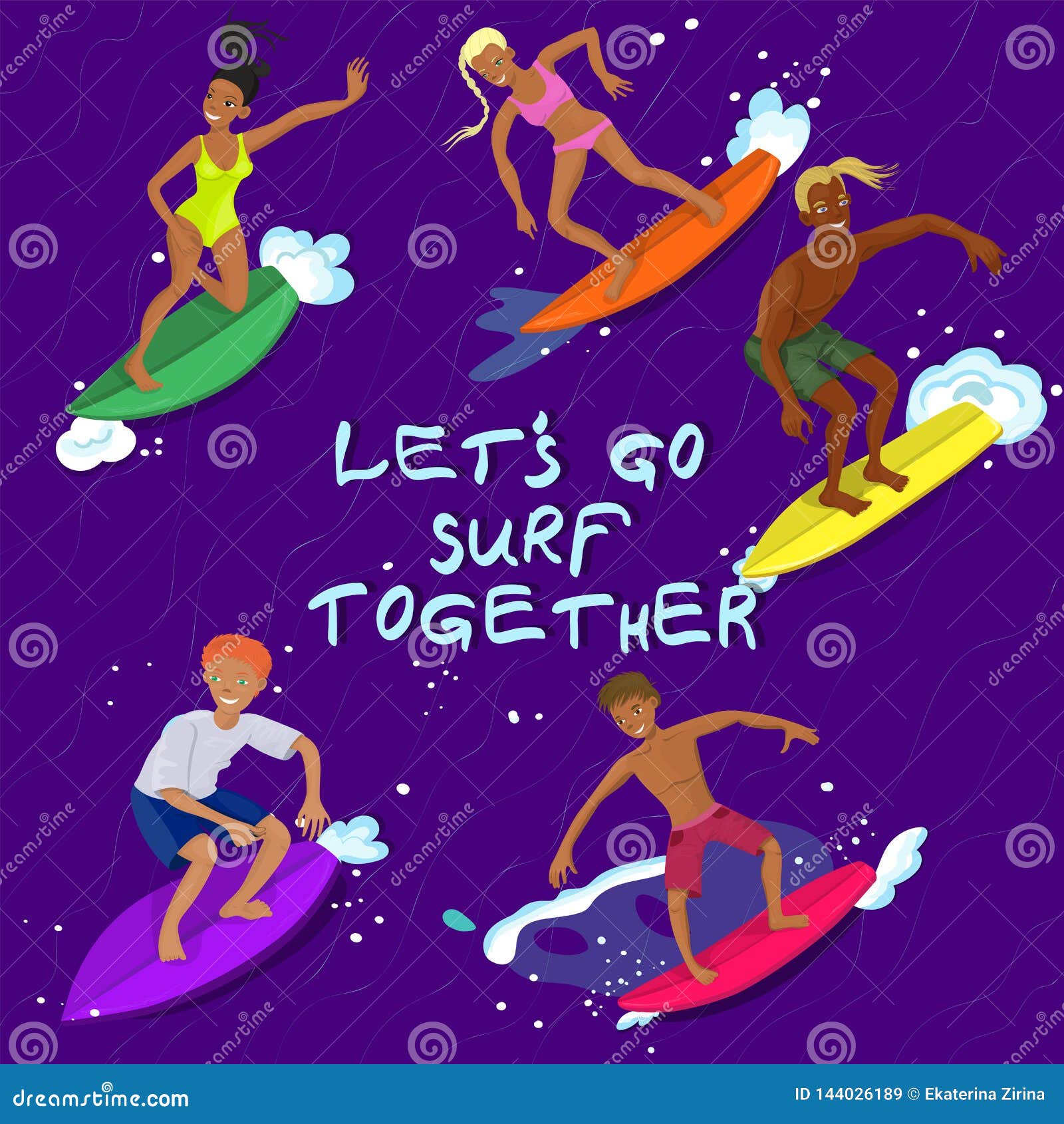 Five People Surfing on a Wave Vector Image Stock Illustration ...