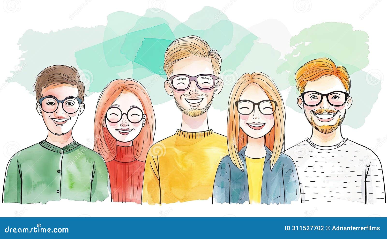 Five People with Watercolor Splashes in the Background. Stock ...