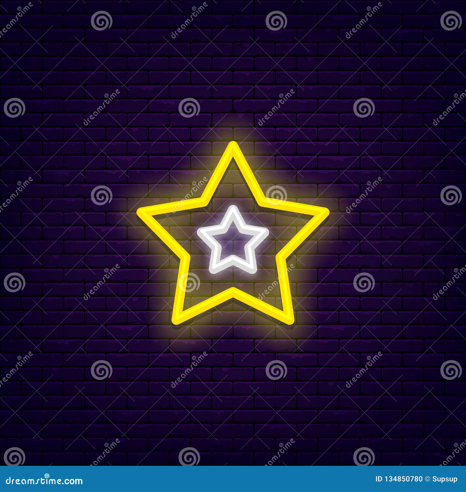 Neon Five Stars. Golden Illuminated Star Neons Lamps On Brick Wall ...