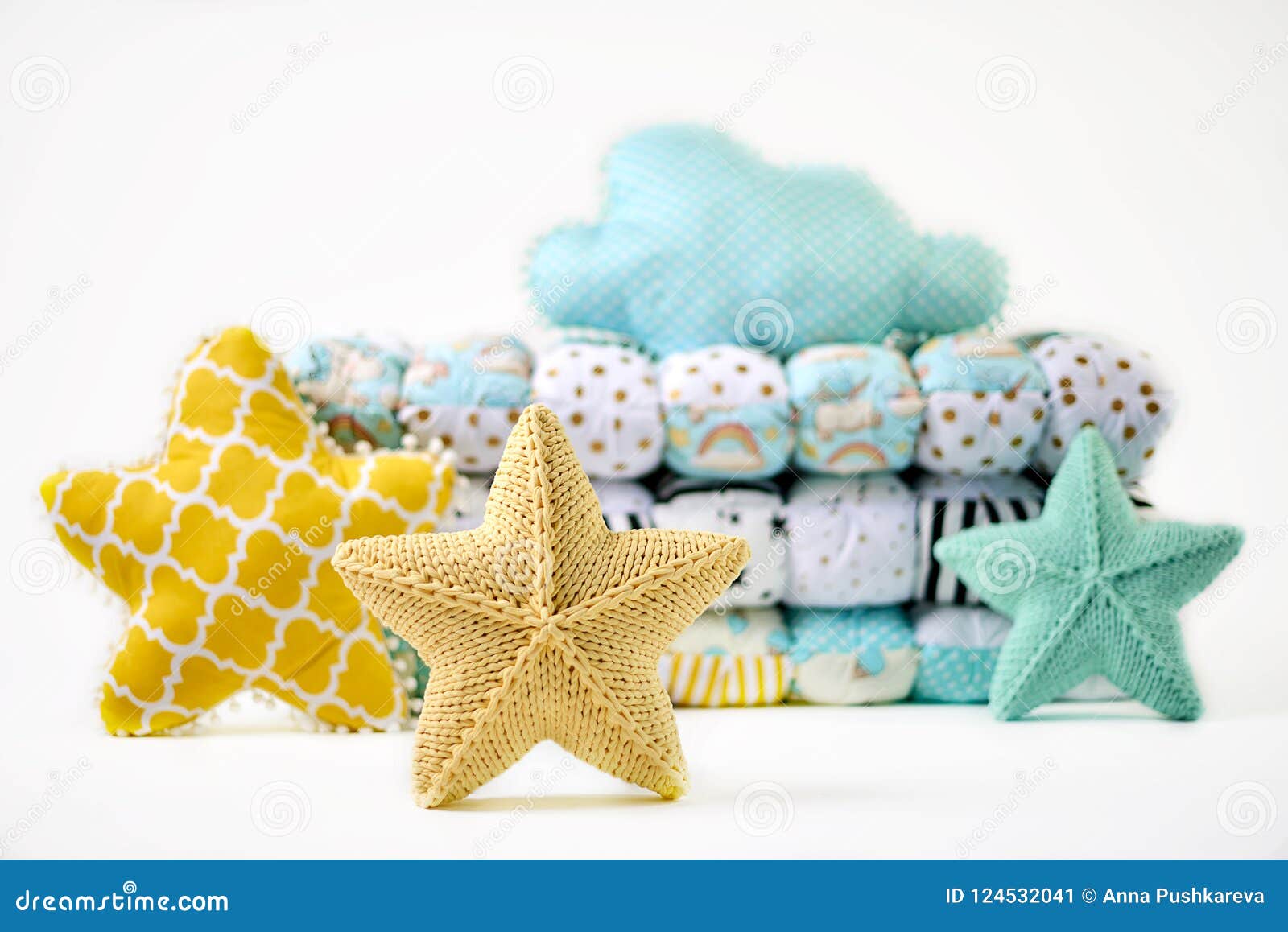 Five-pointed Star Shaped Pillows and Patchwork Comforter on White Background. Stock Image ...